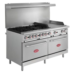 Kratos 60" Wide Commercial Gas Range with 6 Burners, 24" Wide Griddle, and Two Full Size Standard Ovens, Stainless Steel Range for Restaurants, 280,000 Total BTU Output, Natural Gas (29Y-046-NAT)