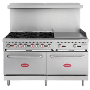 Kratos 60" Wide Commercial Gas Range with 6 Burners, 24" Wide Griddle, and Two Full Size Standard Ovens, Stainless Steel Range for Restaurants, 280,000 Total BTU Output, Natural Gas (29Y-046-NAT)