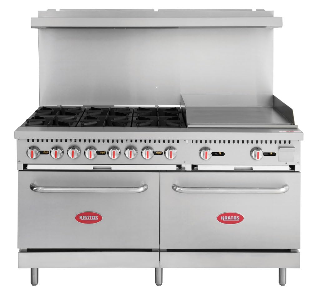 Kratos 60" Wide Commercial Gas Range with 6 Burners, 24" Wide Griddle, and Two Full Size Standard Ovens, Stainless Steel Range for Restaurants, 280,000 Total BTU Output, Natural Gas (29Y-046-NAT)