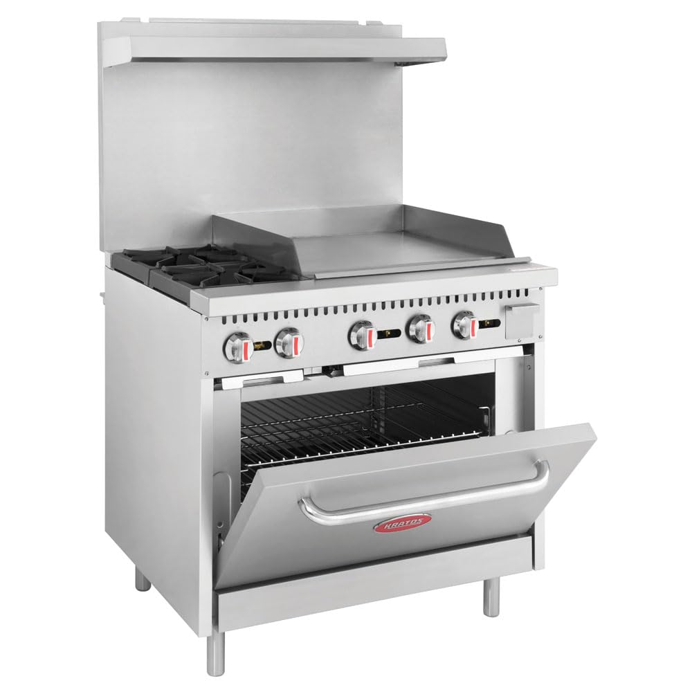 Kratos 36" Wide Commercial Gas Range with 24" Griddle, 2 Burners, and Full Size Oven, Stainless Steel Range for Restaurants, 130,000 BTU, Liquid Propane (29Y-047-LP)