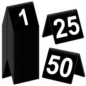 tuanse table numbers 1-50 acrylic double side numbered table tents restaurant wedding table number table tent numbers cards signs for banquets party wedding reception plastic table numbers (black)