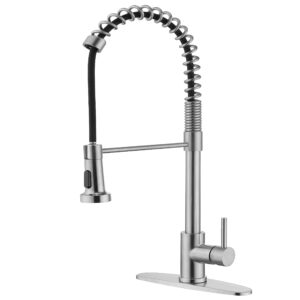 modern pull down single handle kitchen faucets with supply lines and deck plate, brushed nickel