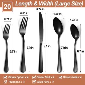 Lazycorner 20 Pcs Black Silverware Set for 4, Mirror Polished Flatware Set Stainless Steel Fork Knife Spoon, Food Grade Eating Utensils Sets, Reusable Silverwear Cutlery Set, Dishwasher Safe