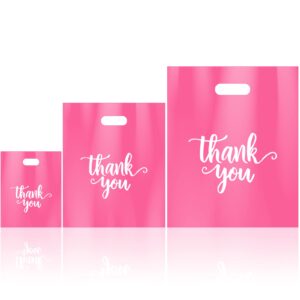 eersida 200 pcs thank you merchandise bag die cut shopping bags with handles 3 sizes plastic gift bags retail bags for goodie small business trade bags store boutique clothes (pink)