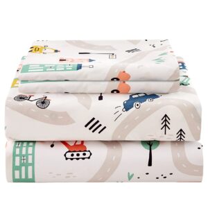 jsd car kids printed sheet set twin size, 3 piece vehicles microfiber bed sheets deep pocket