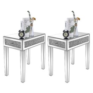 vingli mirrored nightstand set of 2 narrow side table with drawer glass accent table,silver