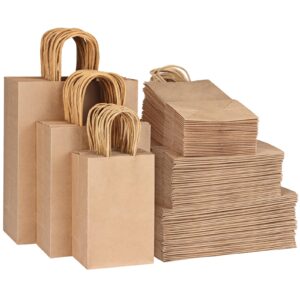 moretoes 150pcs paper bags, (8/10/12.6 inches) 50 per size paper bags with handles, multiple 3 assorted sizes gift bags bulk, kraft paper bags for small business, shopping bags, retail bags, favor bag