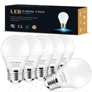 comzler e26 led ceiling fan light bulbs 3000k soft warm white, 60 watt equivalent light bulbs, a15 led refrigerator light bulb, e26 base small light bulb, eye protection, 120v, 600lm, cri 85+, 6 pack