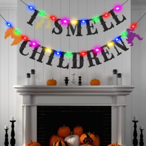 i smell children halloween banner with colorful led lights black glitter halloween party decorations, hocus pocus decorations, i smell children decorations, halloween decorations for home fireplace