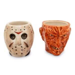 freddy vs. jason faces sculpted ceramic mini mugs, set of 2 | bpa-free small coffee cups for espresso, caffeine, beverage | home & kitchen essentials | horror movie collectible | each holds 4 ounces