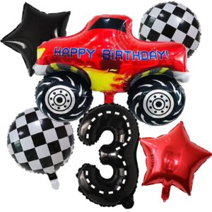 race car foil balloons party supplies monster truck balloon decorations number 3 balloons 40 inch for boys 3rd birthday baby shower car theme party decorations (monster truck 3rd birthday)