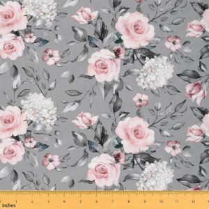 rose flowers fabric by the yard for home diy projects, flowers silver leaves plant girly fabric for room decor,vintage decorative fabric for upholstery and home accents,1 yard,pink grey