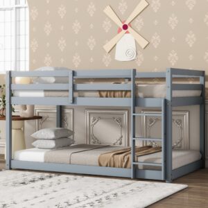 low bunk beds twin over twin floor bunk bed frame junior loft bed for kids boys girls teens wood twin bunk bed with safety fences wood twin bunk bed with safety fences, gray