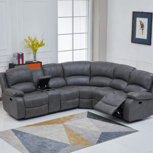 Betsy Furniture Bonded Leather Sectional in Multiple Colors, Sectional with 3 Reclining Seats, Console (Grey, Left Console Sectional)