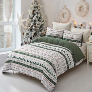 christmas duvet cover set king size, green white striped holiday snowflake christmas tree pattern bedding set 3 pieces, soft microfiber xmas holiday new year gift comforter cover bedroom decor