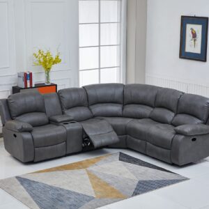 Betsy Furniture Bonded Leather Sectional in Multiple Colors, Sectional with 3 Reclining Seats, Console (Grey, Left Console Sectional)