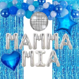 homezzo dancing queen party backdrop decoration - mamma mia disco theme party, light blue sparkly tinsel foil curtain photo booth for birthday baby shower bridal bachelorette wedding graduation party