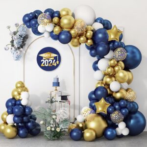 146pcs navy blue and gold balloon garland arch kit, royal blue white metallic gold confetti mixed sizes balloons for graduation anniversary baby shower wedding birthday party decorations