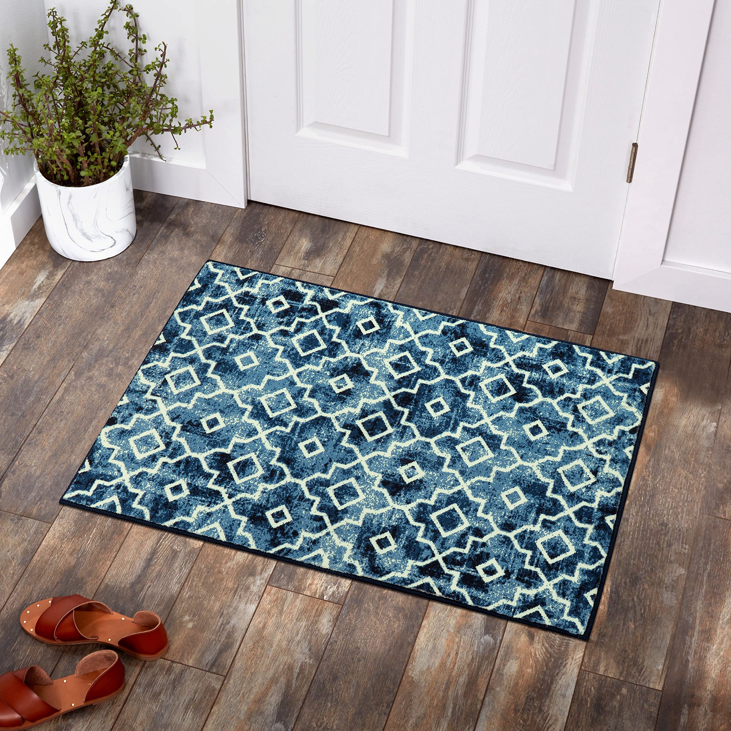 Moynesa Washable Moroccan Area Rug - 2x3 Small Blue Kitchen Bath Rug, Soft Non-Slip Low-Pile Modern Geometric Door Mat Indoor Throw Carpet for Home Dorm Bedside Entryway