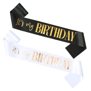 docooniver 2 pack it's my birthday sash for women,black and white sashes with gold and rose gold writing.