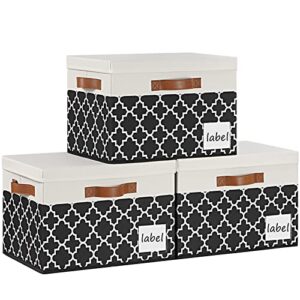 pffvrp large storage bins with lids, foldable fabric storage baskets with lids, sturdy storage boxes with labels and 3 pu handles for closet home bedroom office (26l, 3 packs, black plaid&white)