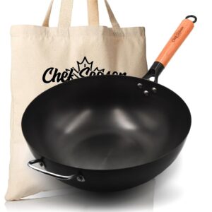 chefseason carbon steel wok - 13.4" flat bottom wok for stir-frying - large uncoated pre-seasoned chinese wok - fits electric, induction, and gas cooktops - free shopping bag