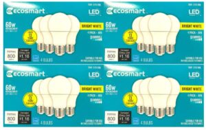 led technology ecosmart 60w equivalent bright white a19, dimmable led light bulb (16 pack)