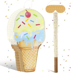 ice cream piñata ice cream cone shaped piñata with stick blindfold for kids birthday summer candy theme girls baby shower beach wedding party supplies decorations, 15.8 x 9.5 inch(khaki)