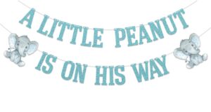 a little peanut is on his way banner, baby boy elephant baby shower decorations, welcome baby boy banner, jungle baby shower party supply blue glitter