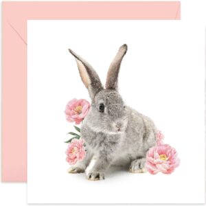 old english co. wildlife card - square rabbit bunny botanical floral birthday card | suitable for friends and family | blank inside & envelope included