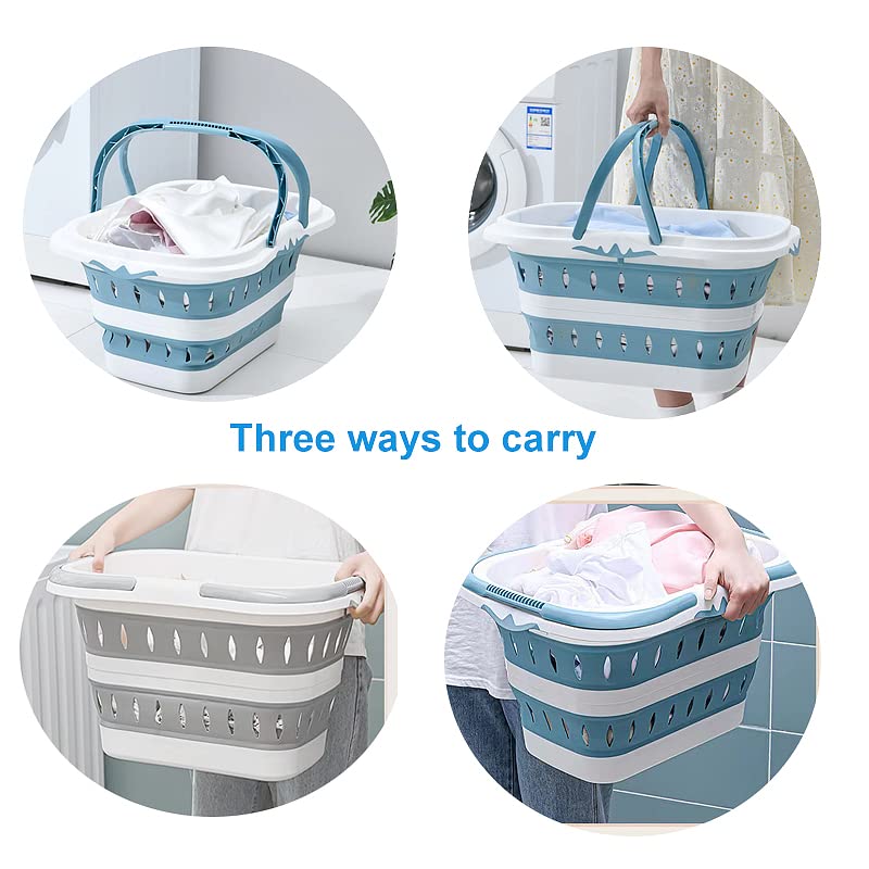 Collapsible Plastic Laundry Baskets with 5 Handles 44L (11.6 gallon), Smart Space Saving Deisgn Washing Bin Kitchen Storage, Large Folding Pop Up Laundry Hamper for Bedroom and Bathroom (Blue)