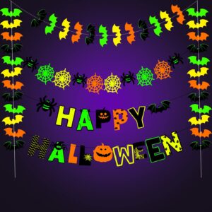 halloween party decoration garland, fluorescence happy halloween banner, green orange bat spider web garland streamers glow in the dark hallows eve favors, halloween bunting banner home wall decor