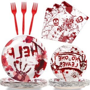 96 pieces bloody good time party tableware set halloween zombie skull bloody party table decorations halloween party supplies table decorations paper plates napkins forks for 24 guests