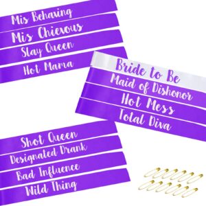 haprty bachelorette sash set for bridesmaids, maid of honor team bride sashes for bachelorette party supplies bridal shower & hen party decorations, purple, white + purple, 12.0 count