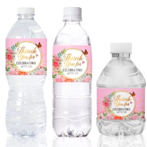 waahome thank you for celebrating with us water bottle labels decorations, 24pcs waterproof pink flower bottle labels stickers for wedding baby shower bridal shower holiday party favors supplies