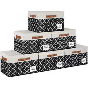 pffvrp large storage bins with lids, foldable fabric storage baskets with lids 6-pack, sturdy storage boxes with labels and 3 pu handles for closet home bedroom office (26l, black plaid&white)