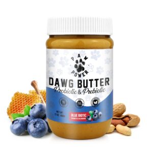 dawg butter, all natural peanut butter dog treats, dog peanut butter blue biotic, peanut dog treat paste, dog birthday treats or digestion & immune support, no xylitol, blueberry flavor, 17 oz