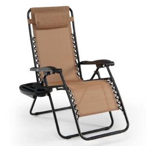 s afstar folding reclining lounge chair, outdoor zero gravity recliner w/side tray & detachable headrest pillow, heavy-duty steel frame, reclining folding chair for poolside, backyard (1, beige)