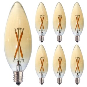 fannis 6 pack c32 candle filament led bulb, 2w equals 15w-20w soft warm light, e12 candelabra base edison bulb, amber glass light bulb for pendant chandelier ceiling fan