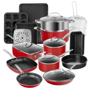 granitestone red pots and pans set nonstick, 20 pc kitchen cookware set & bakeware set with mineral & diamond coating, long lasting nonstick, ultra durable, oven and dishwasher safe, 100% toxin free