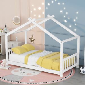 harper & bright designs twin house bed for kids, floor bed frame twin with headboard and footboard, wooden twin kids bed montessori floor bed for toddlers, girls, boys,white