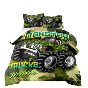 3d blue monster truck bedding set for kids, cartoon car ultra soft all seasons comforter set monster car theme bed set 1 comforter 2 pillowcases (blue, twin)