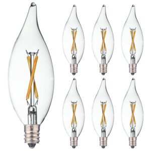 fannis 6 pack b10 flame tip filament led bulb, 2w equals 15w 20w warm white light, e12 candelabra base edison bulb, clear glass light bulb for pendant chandelier ceiling fan