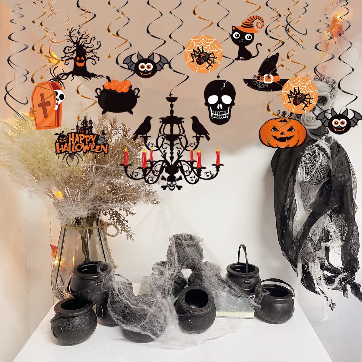 Halloween Indoor Decorations - 30pcs Halloween Ceiling Swirls Decorations - Hanging Witch Bats Spider Chandelier for Office Classroom Halloween Party Decorations Supplies