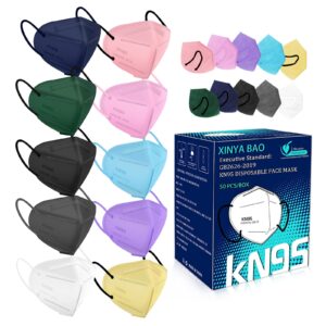 xinya bao 50 pack kn95 disposable face mask - 5-ply breathable safety masks against pm2.5, dispoasable respirator protection mask for men and women multi color.