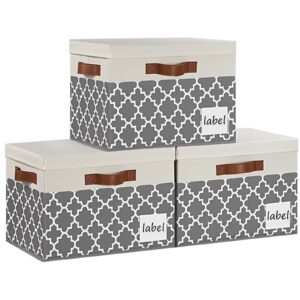 pffvrp extra large storage bins with lids, foldable fabric storage baskets with lids, sturdy storage boxes with labels and 3 pu handles for closet home office (32l, 3 packs, grey plaid&white)