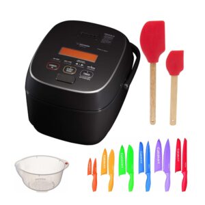 zojirushi nw-jec18ba pressure induction heating, rice cooker and warmer, 10-cup bundle with rice washing bowl, spatula, and 12 piece knife set (4 items)