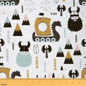 scandinavian fabric by the yard, cartoon vikings upholstery fabric, boho animal decorative fabric, nordic cultural historical elements waterproof fabric upholstery and home accents, 2 yards