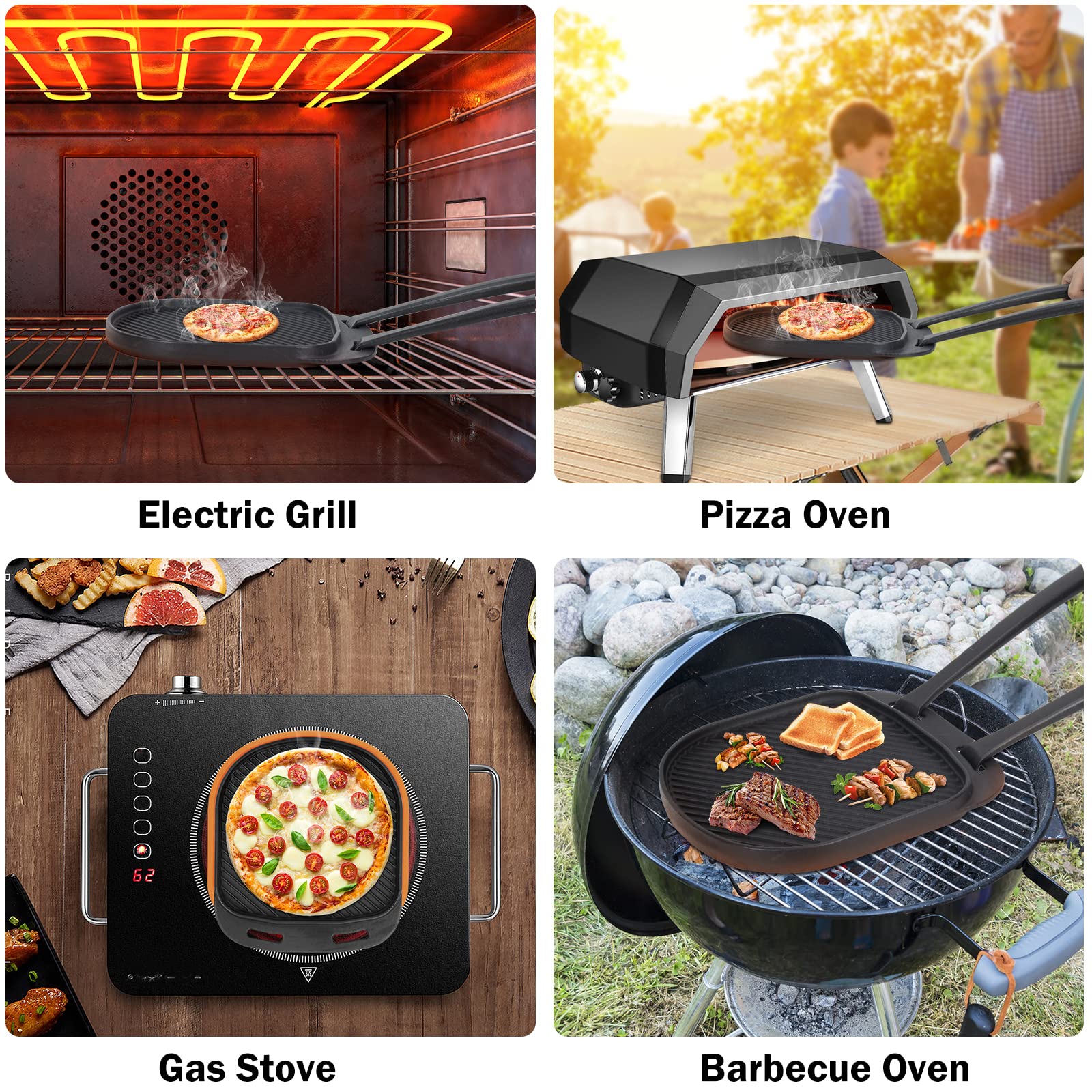 MixRBBQ Cast Iron Skillet Pan - Grizzler Pan with Silicone Mat and 2 Lifting Handle, Pizza Oven Pan for Ooni, Mimiuo Pizza Oven Accessories, BBQ Grilling, Camping Cookware