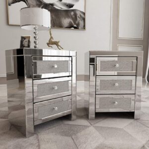 alohappy mirrored nightstands set of 2 with 3-drawers, modern mirror glass end table silver bedside table for living room/bedroom (2pcs)